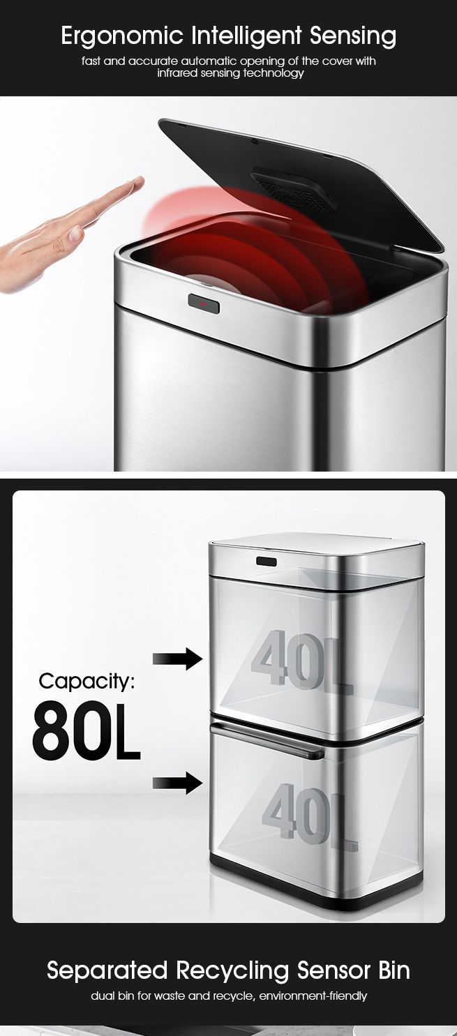 80L Dual Rubbish Bin Sensor Recycling Kitchen Waste Trash Garbage Can ...