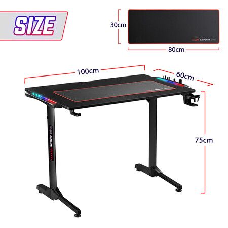 100CM Gaming Desk Computer Home Office Writing Racer Table with RGB LED ...