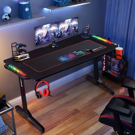 100CM Gaming Desk Computer Home Office Writing Racer Table with RGB LED ...