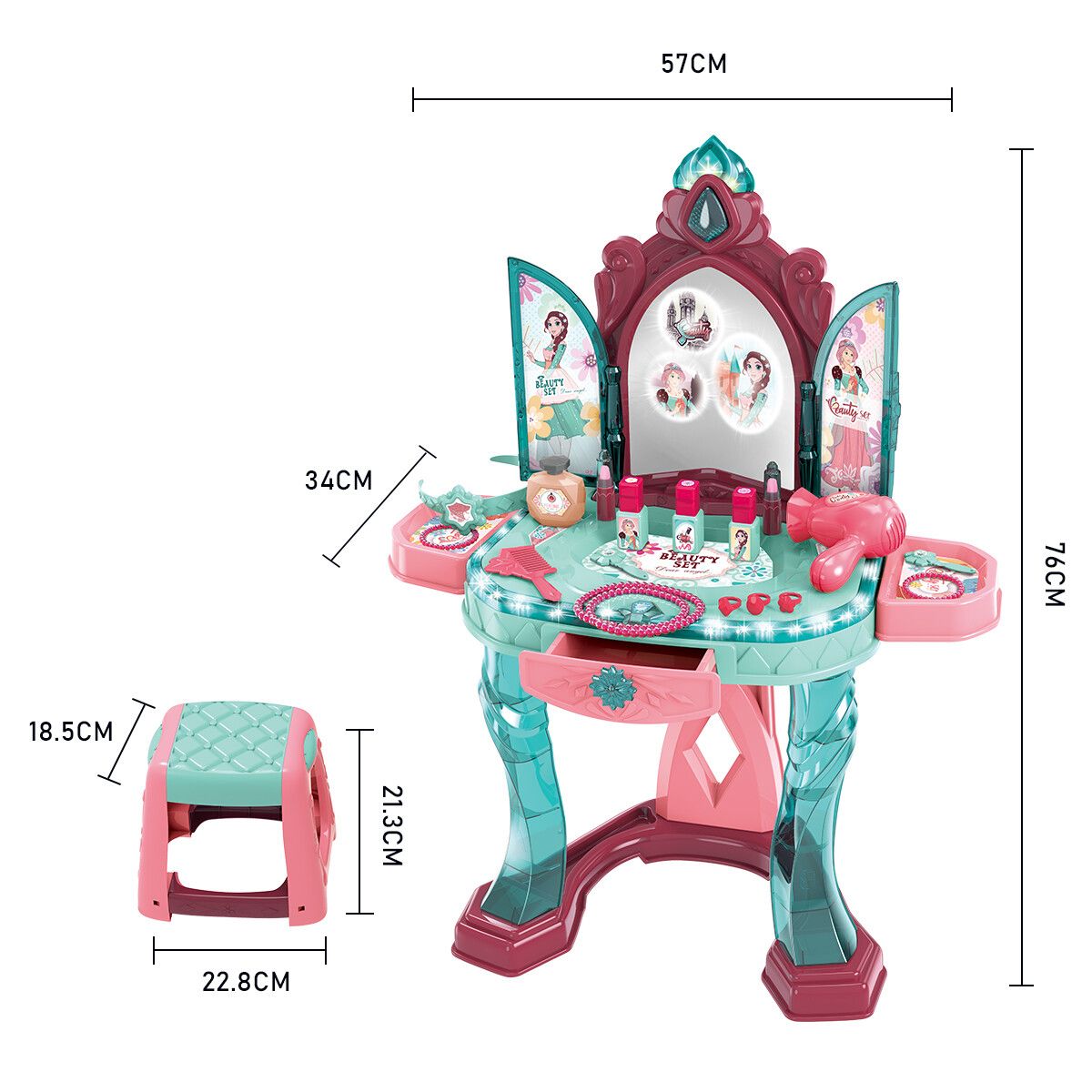 Kids Vanity Set Girls Makeup Playset Princess Dressing Table and Chair ...