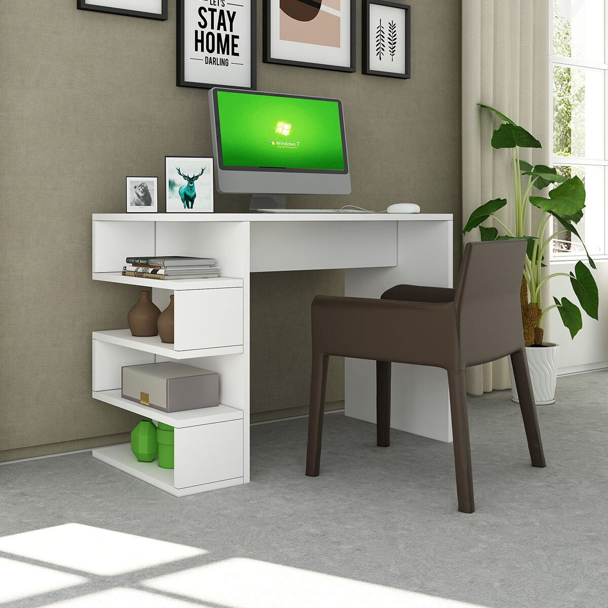 White Computer Desk Study Gaming Table with Bookshelf Modern Office ...