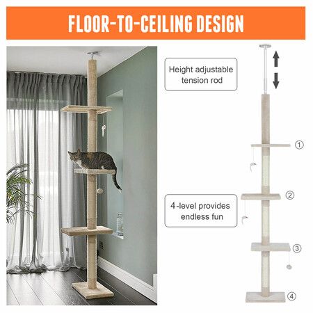 296cm Tall Cat Scratching Post Sisal Scratcher Pole Climbing Tree with ...