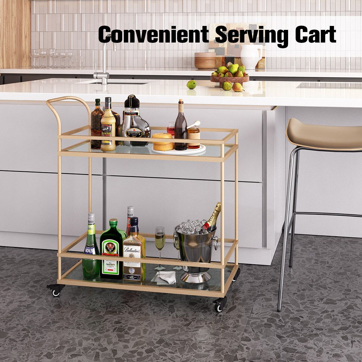 Gold Bar Cart Drinks Rolling Trolley Coffee Tea Wine Cocktail Mobile ...