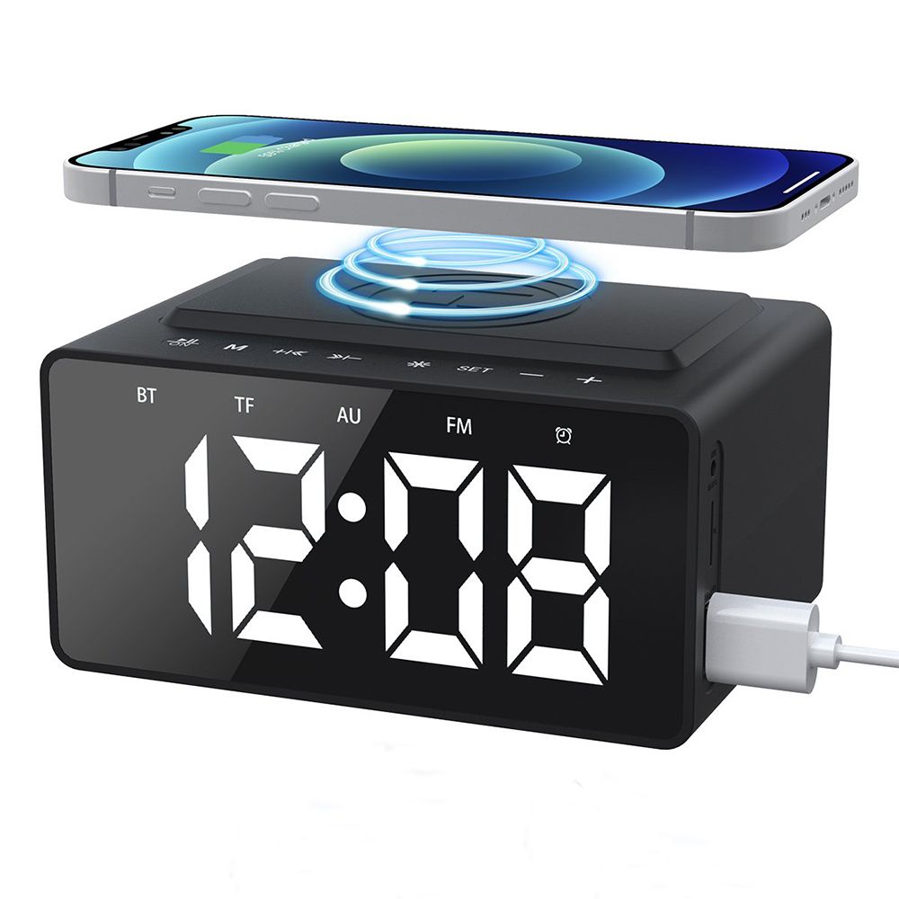 Digital Alarm Clock Wireless Charging Radio Bluetooth Speaker USB Fast ...