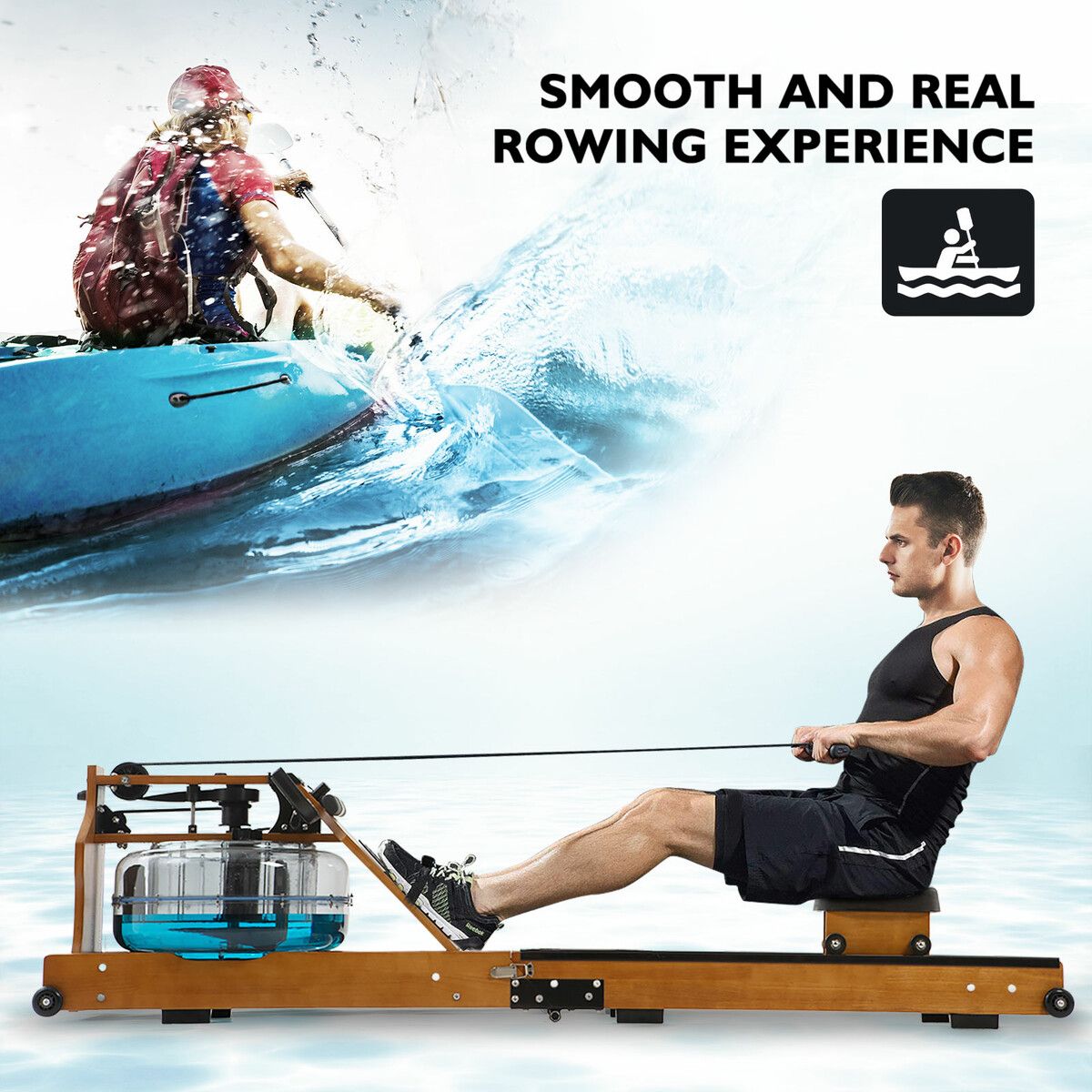 Genki Foldable Wooden Water Rowing Machine Rower Home Gym LCD App ...