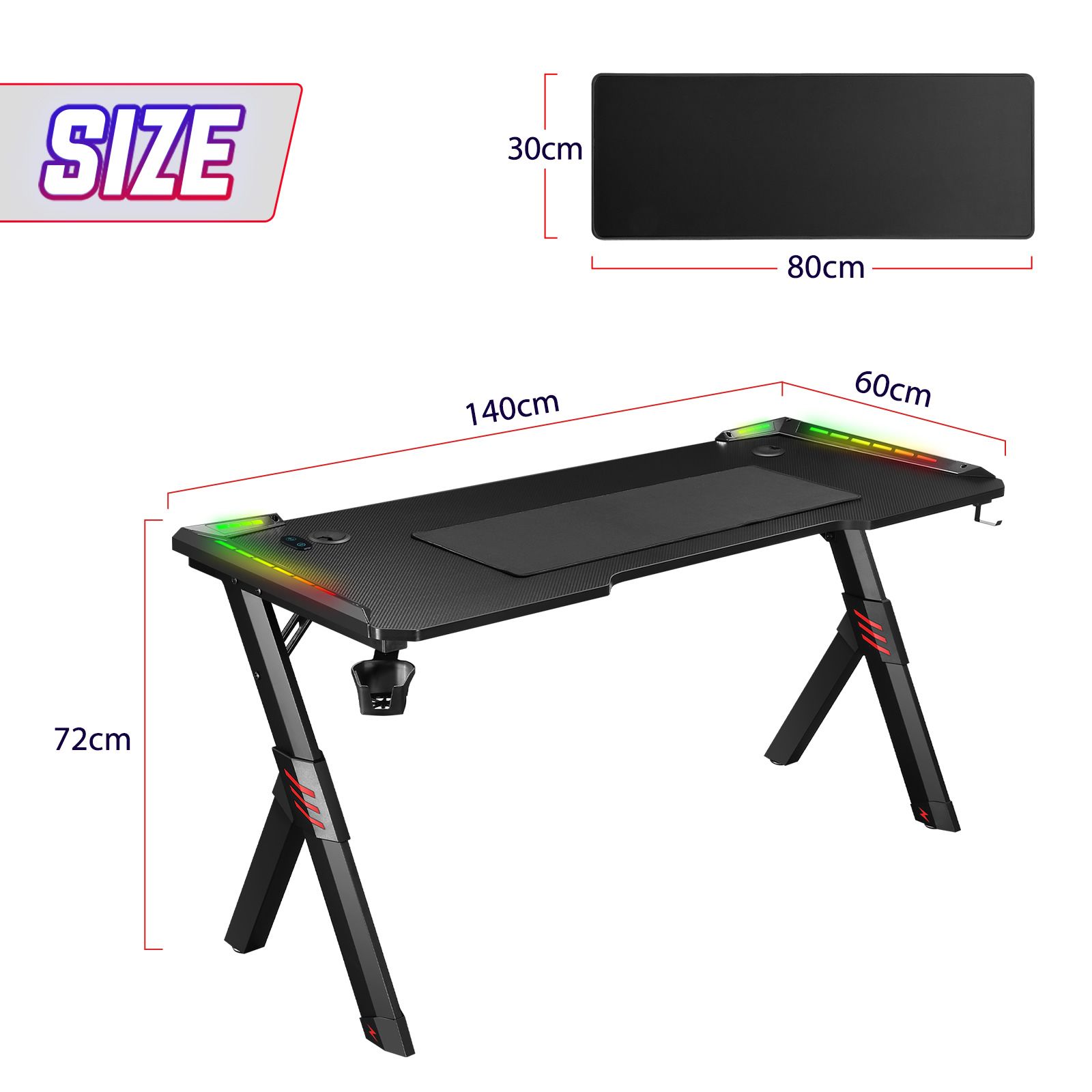 Gaming Desk Office Computer Racer Table Desktop 140CM RGB LED Carbon ...
