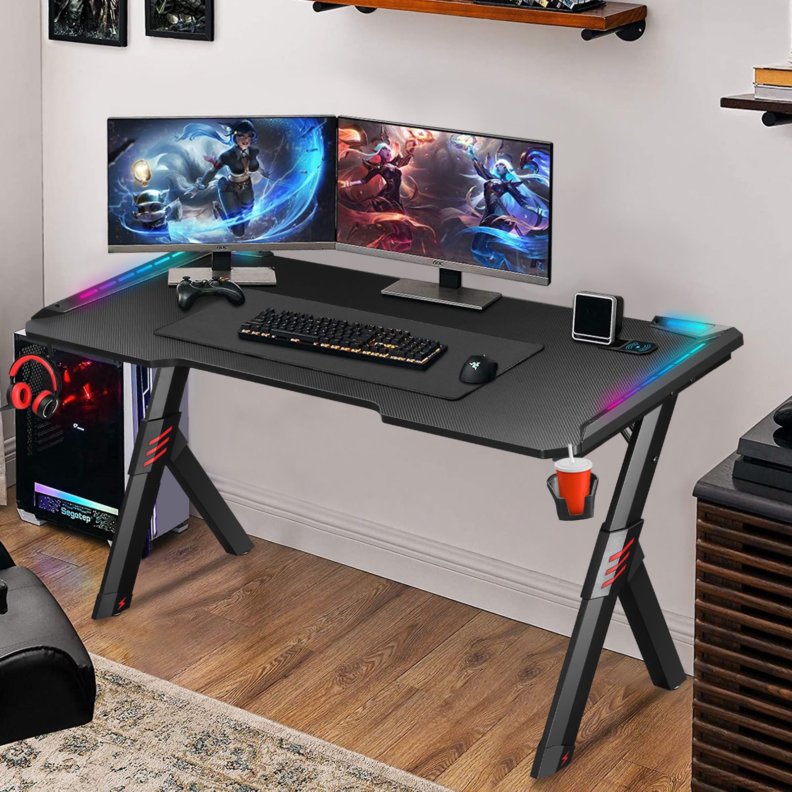 120CM Gaming Desk Computer Office Racer Table RGB LED Carbon Fiber USB ...