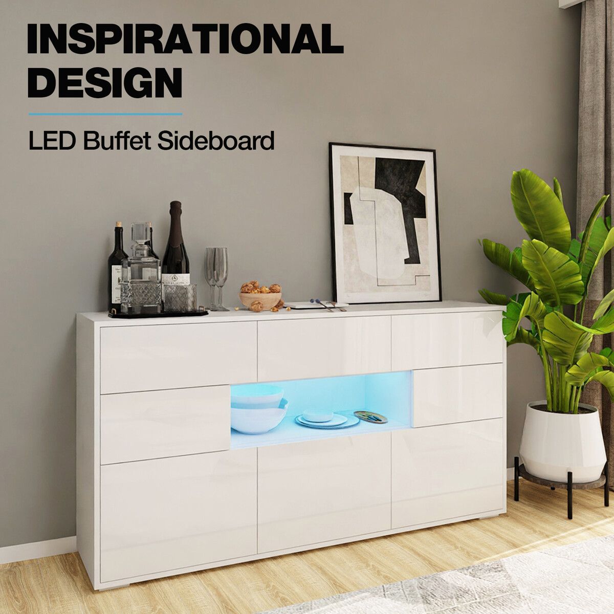 White Cupboard Buffet Sideboard LED TV Entertainment Unit Storage ...