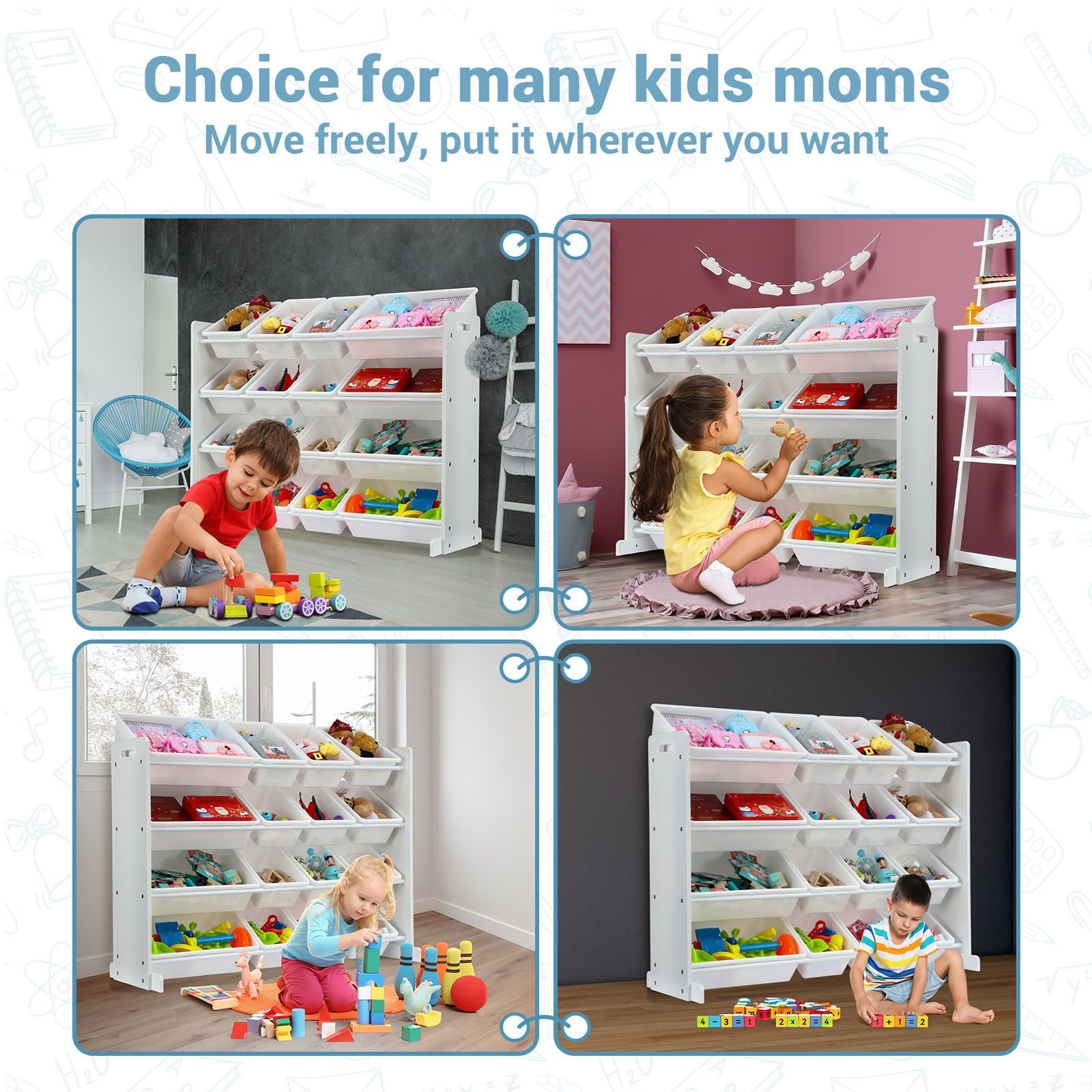 Kids Toy Box Organiser Bookshelf Storage Rack Display Shelf 4 Tier 16 ...