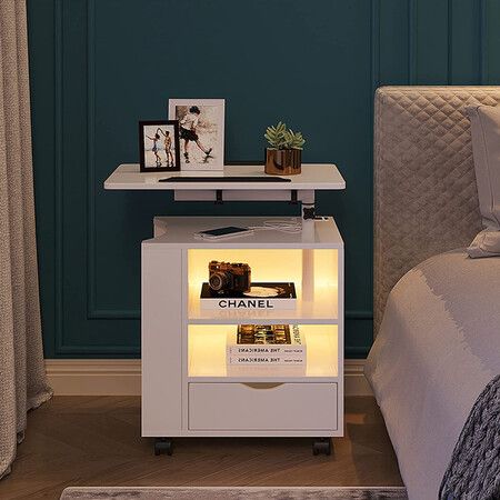 Luxsuite Smart Bedside Table White LED Cabinet Storage Nightstand ...