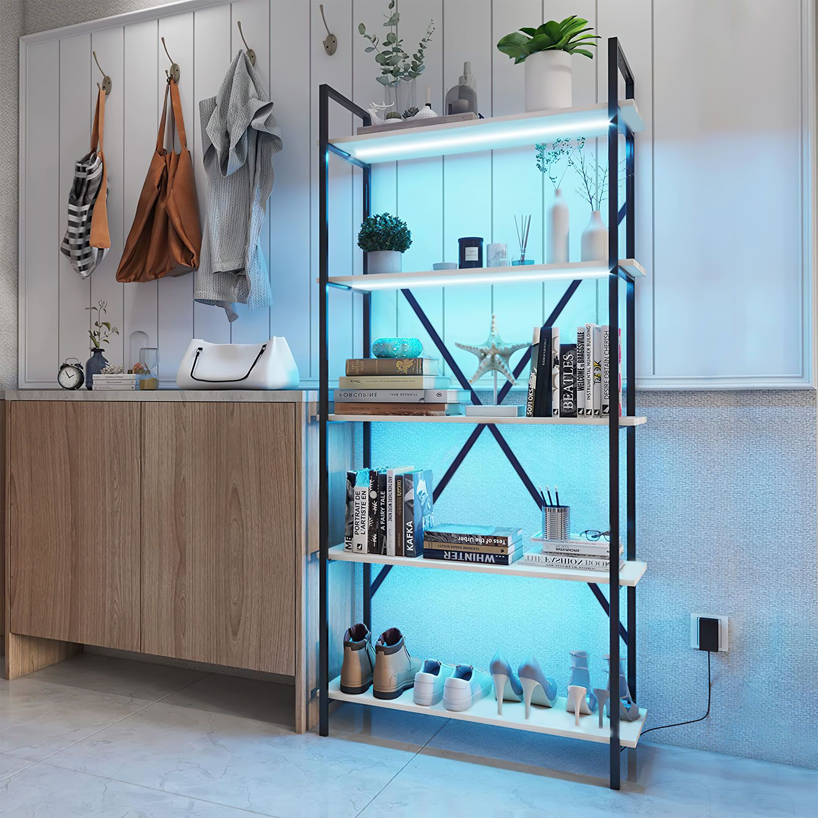 Bookshelf Bookcase Display with LED Light Smart Storage Ladder Shelves ...