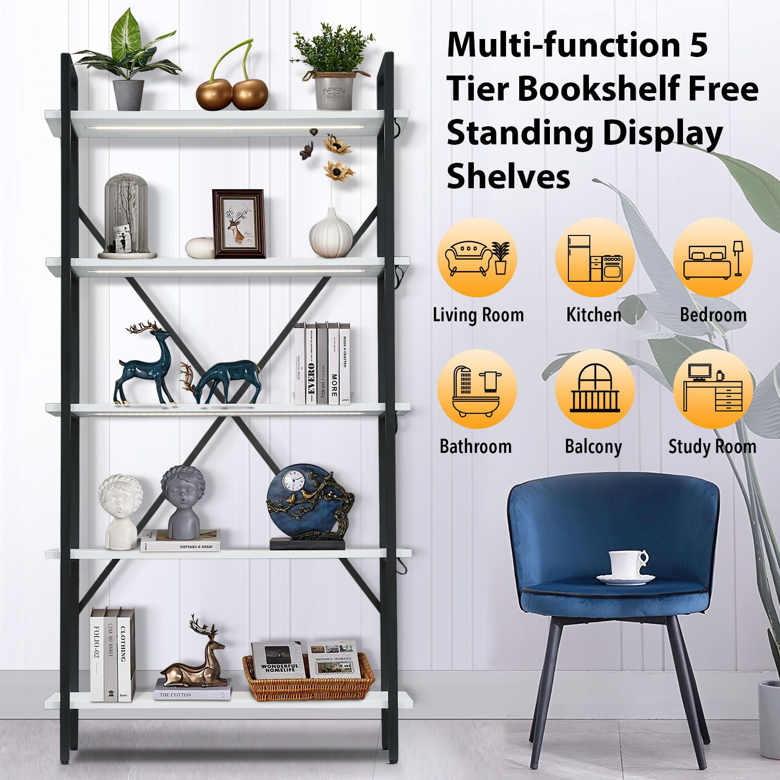 Bookshelf Bookcase Display with LED Light Smart Storage Ladder Shelves ...