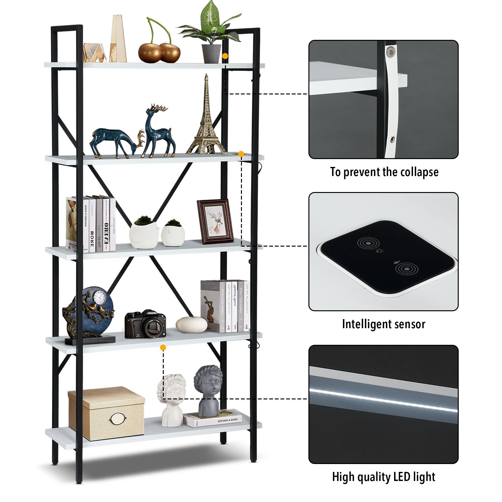 Bookshelf Bookcase Display with LED Light Smart Storage Ladder Shelves ...