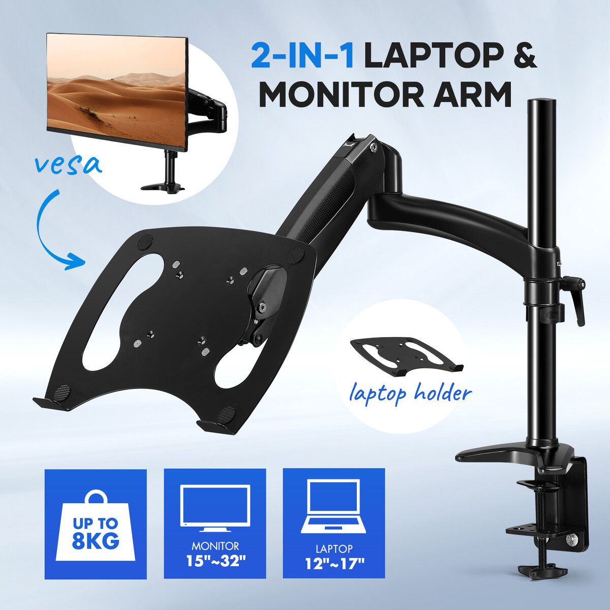 Monitor Stand Arm 2 In 1 Laptop Tray Holder Adjustable VESA Desk Mount ...
