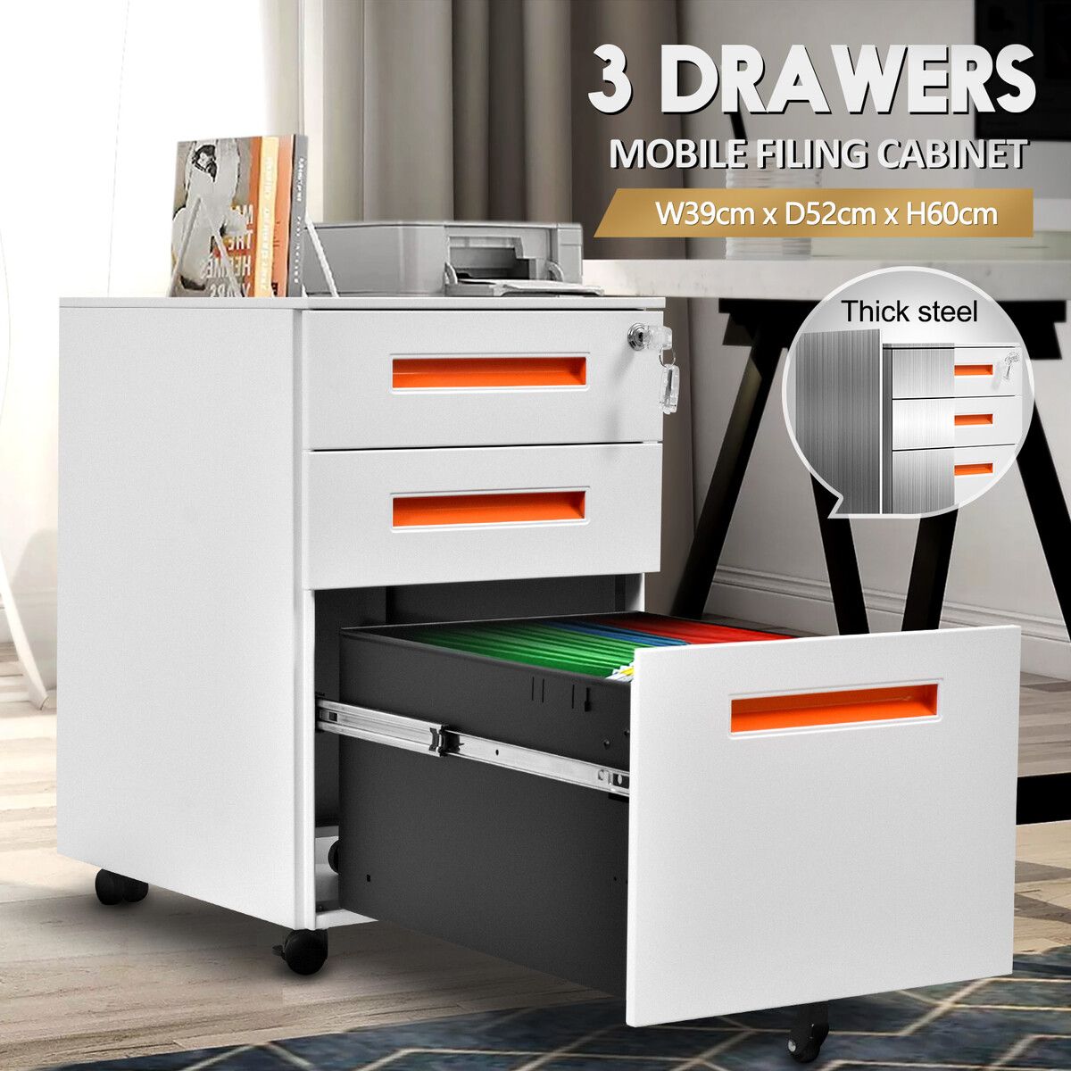 Filing Cabinet 3 Drawers Cupboard Storage Shelves Organizer Bedside ...