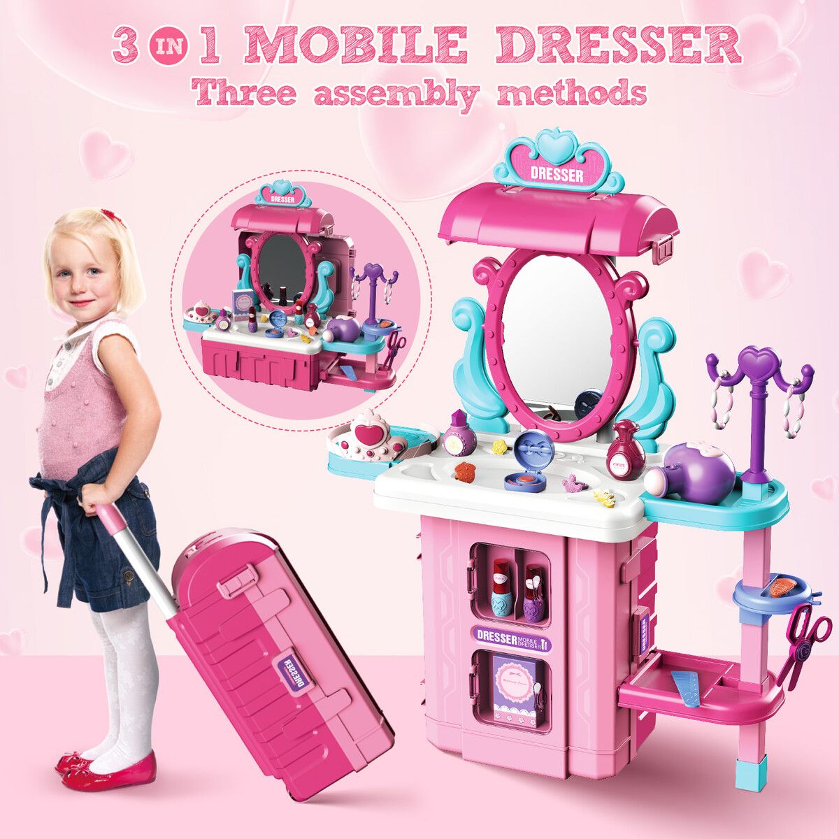 3in1 Kid Dressing Table Vanity Suitcase Set Pretend Makeup Toy Role ...