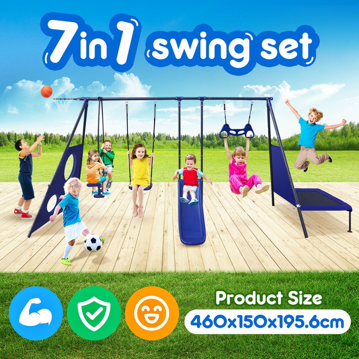 Swing Set With Slide Seesaw Trampoline Trapeze Basketball Hoop Football ...