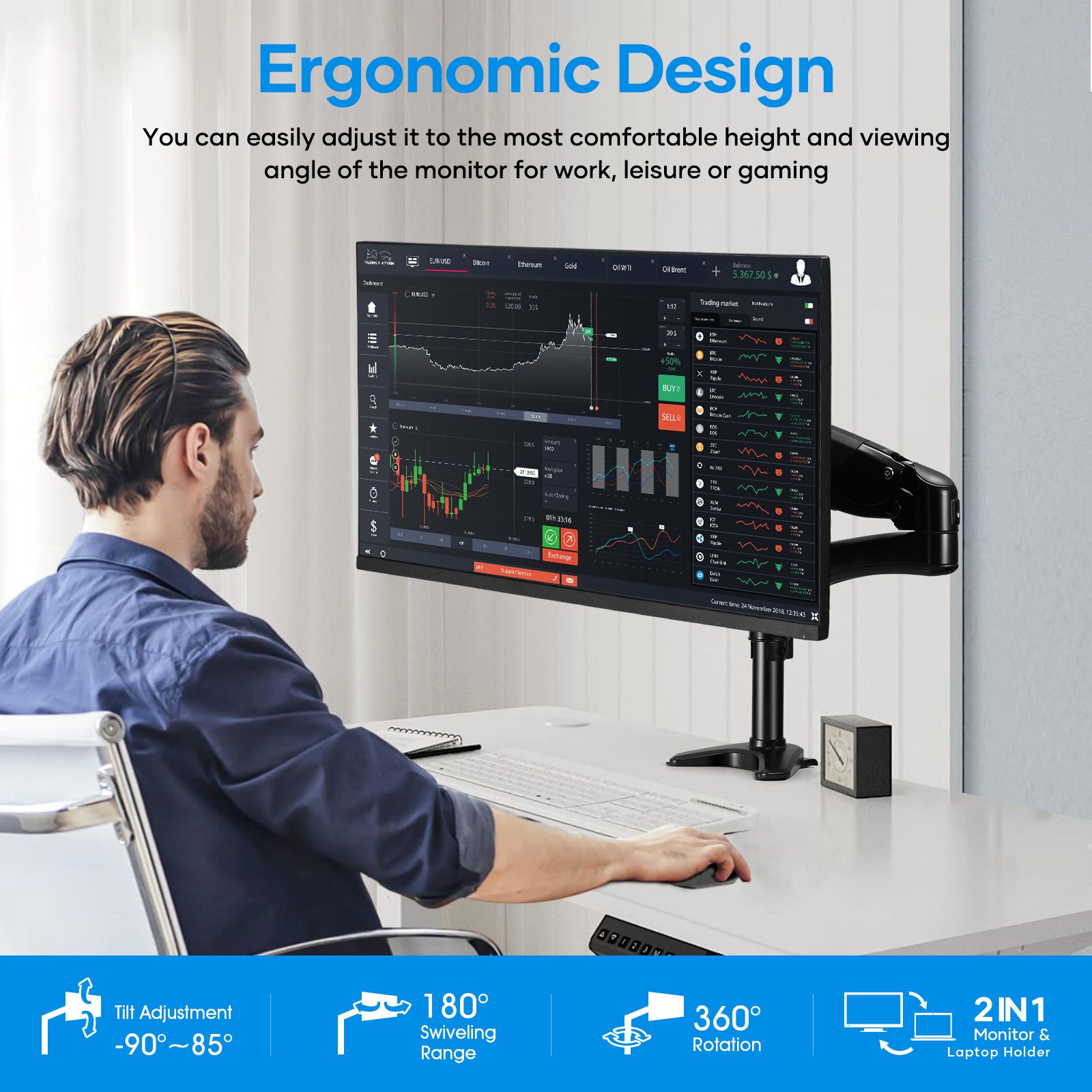 Monitor Stand Arm 2 In 1 Laptop Tray Holder Adjustable VESA Desk Mount ...