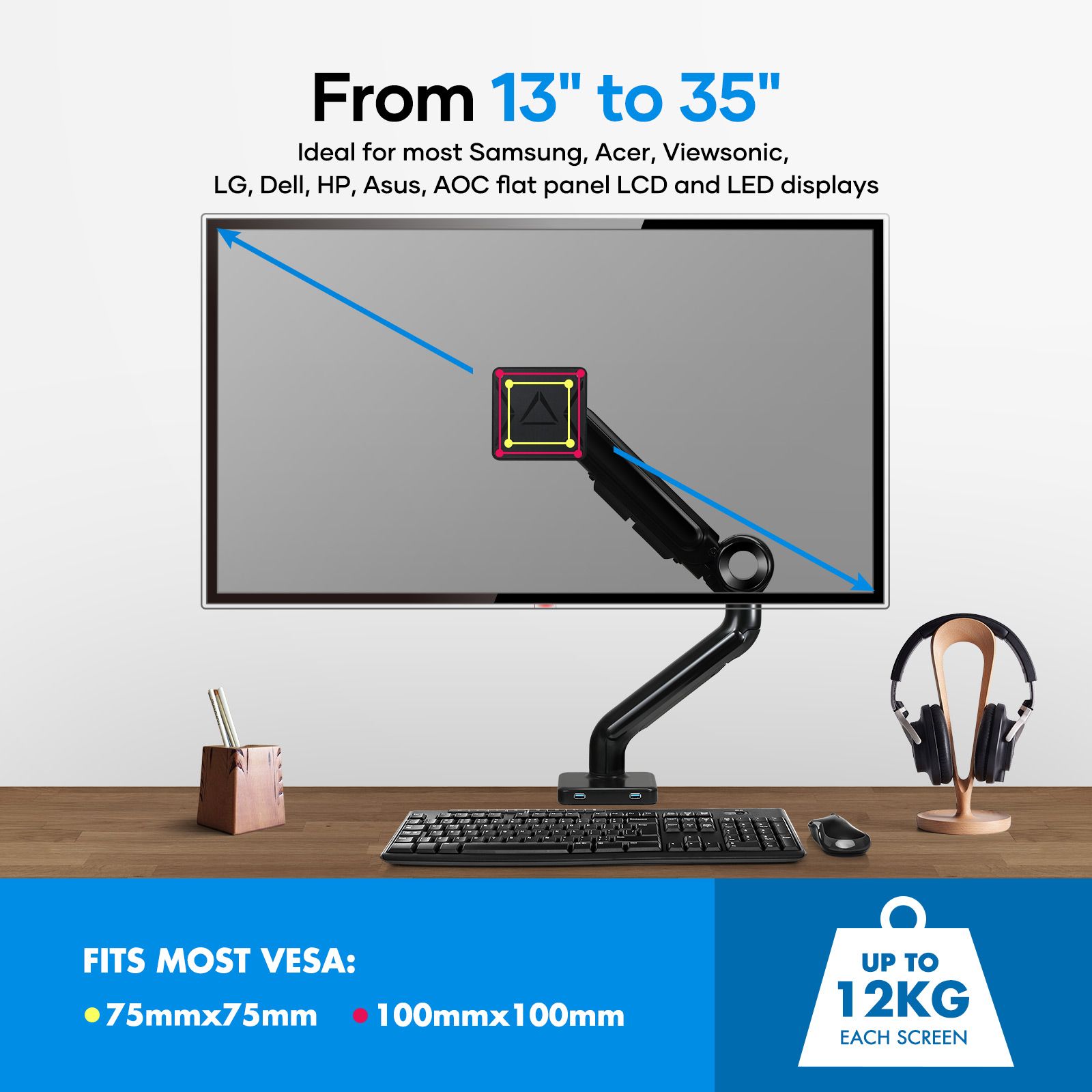 Single Monitor Arm Stand LCD TV Desk Mount VESA Riser Laptop Computer ...