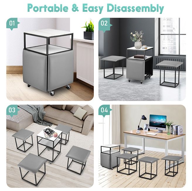 Space Saving Mobile Table Padded Chair Set of 5 Side End Hideaway ...