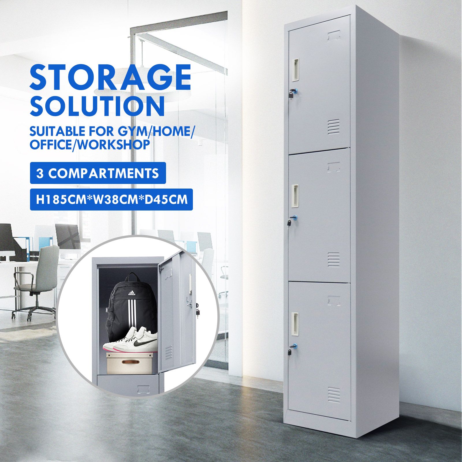 Steel Locker Storage Cabinet 3 Doors Filing Cupboard Metal Organiser ...