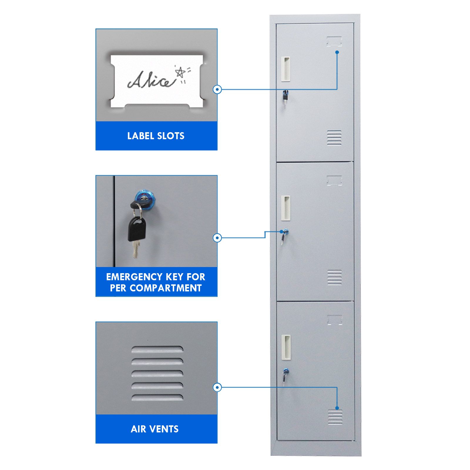Steel Locker Storage Cabinet 3 Doors Filing Cupboard Metal Organiser ...