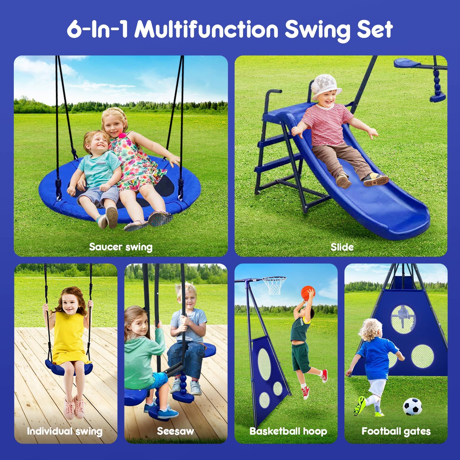 Swing Set With Slide Seesaw Basketball Hoop Football Gate Outdoor ...