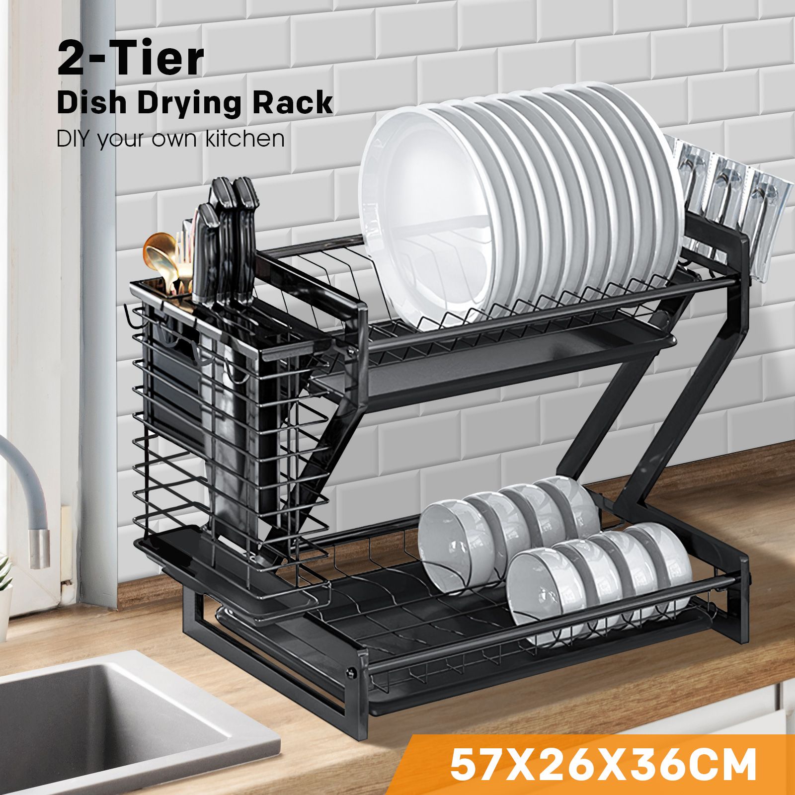 Dish Drying Rack 2 Tier Kitchen Organizer Plate Drainer Cutlery Holder ...