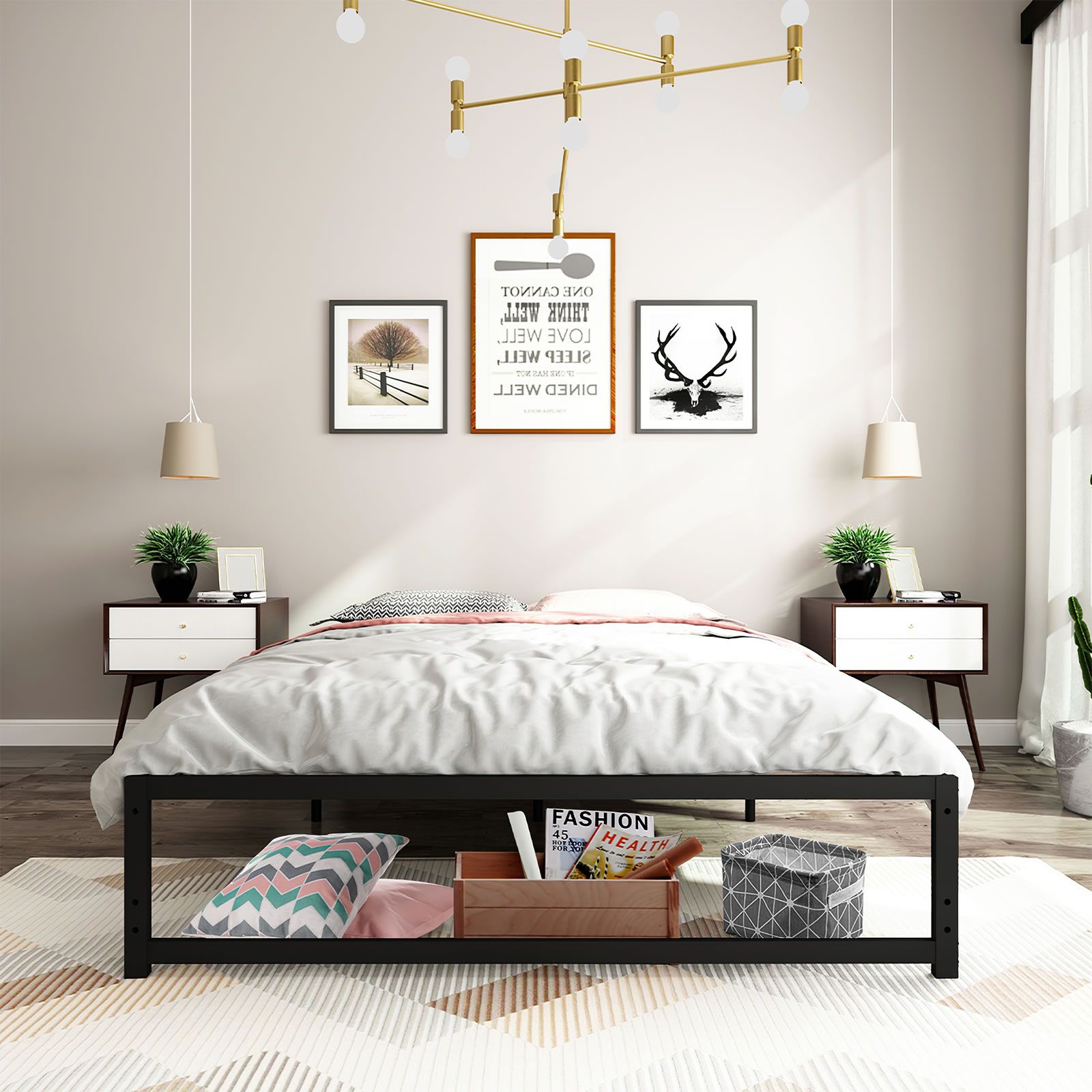 Metal Bed Frame Double Size Base Platform Black Mattress Foundation ...