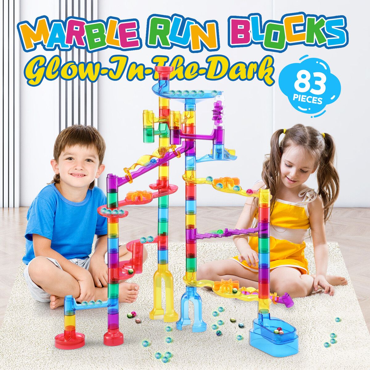 Glowing Marble Run Track Construction 83 Pcs, Glow in the Dark Glass ...