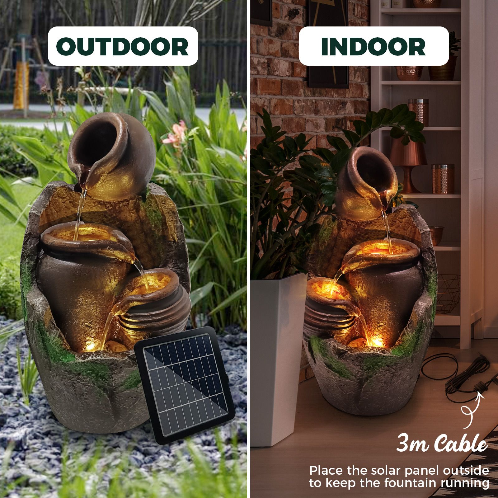 Garden Fountain Solar Water Features Outdoor LED Waterfall Indoor Patio ...