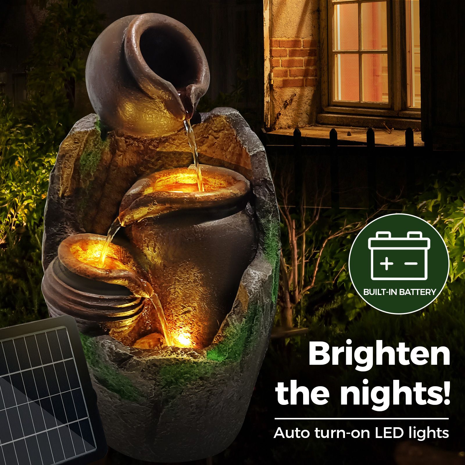 Garden Fountain Solar Water Features Outdoor LED Waterfall Indoor Patio ...