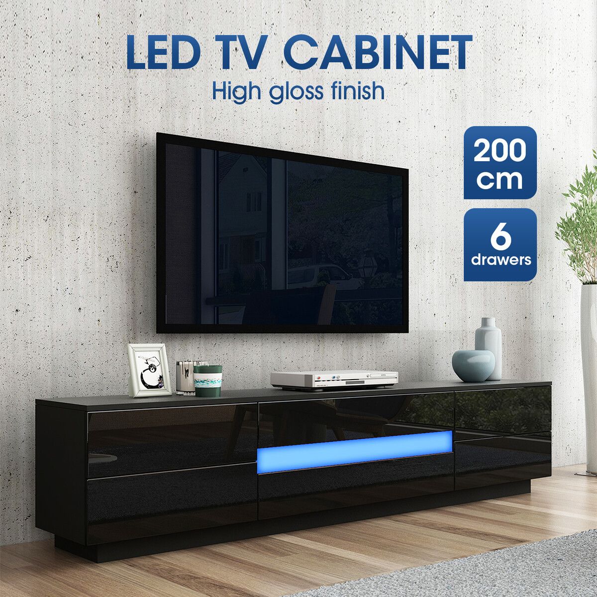 Black TV Stand LED Cabinet Entertainment Unit Wooden Console Bench High ...