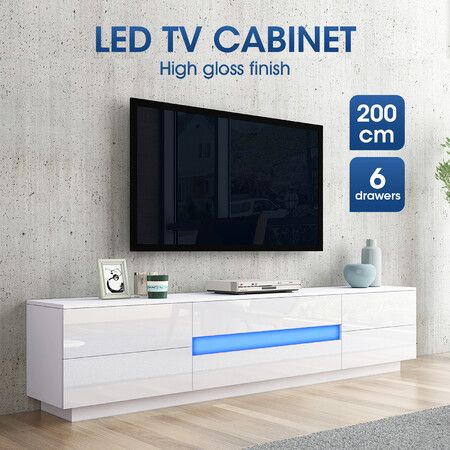 White TV Stand LED Cabinet Entertainment Unit Wooden Console Bench High ...