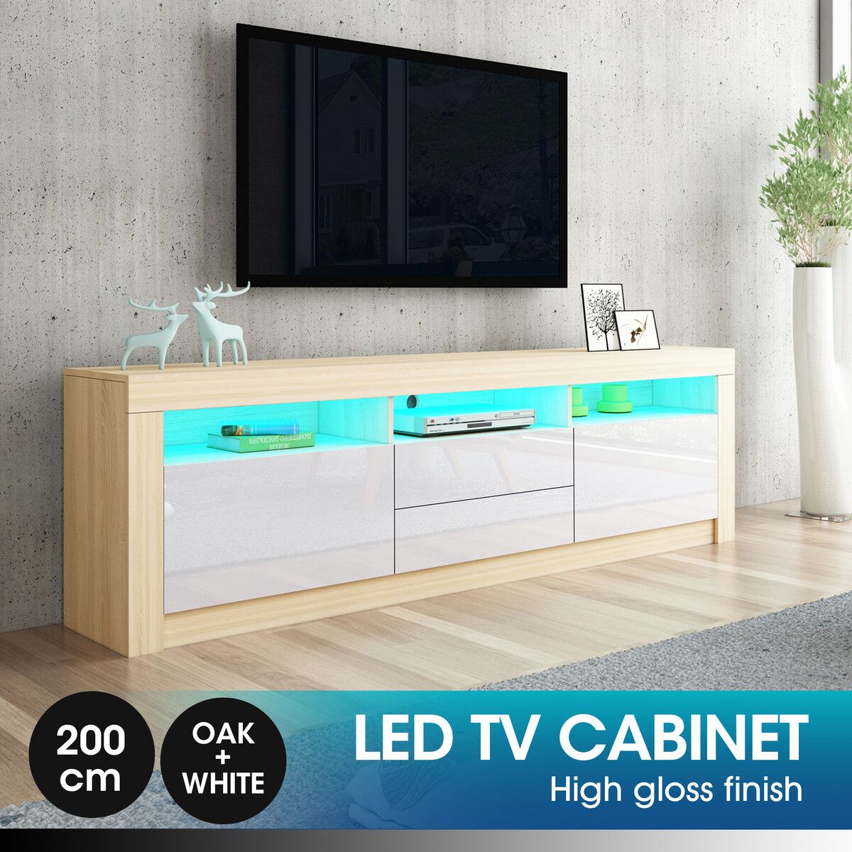200cm LED TV Cabinet Unit Wood Entertainment Stand Console Table ...