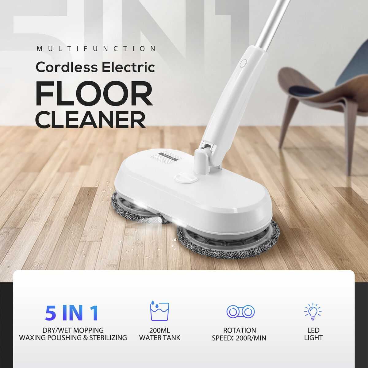 5in1 Electric Spin Mop Cordless Floor Cleaner Sterilization Waxing ...