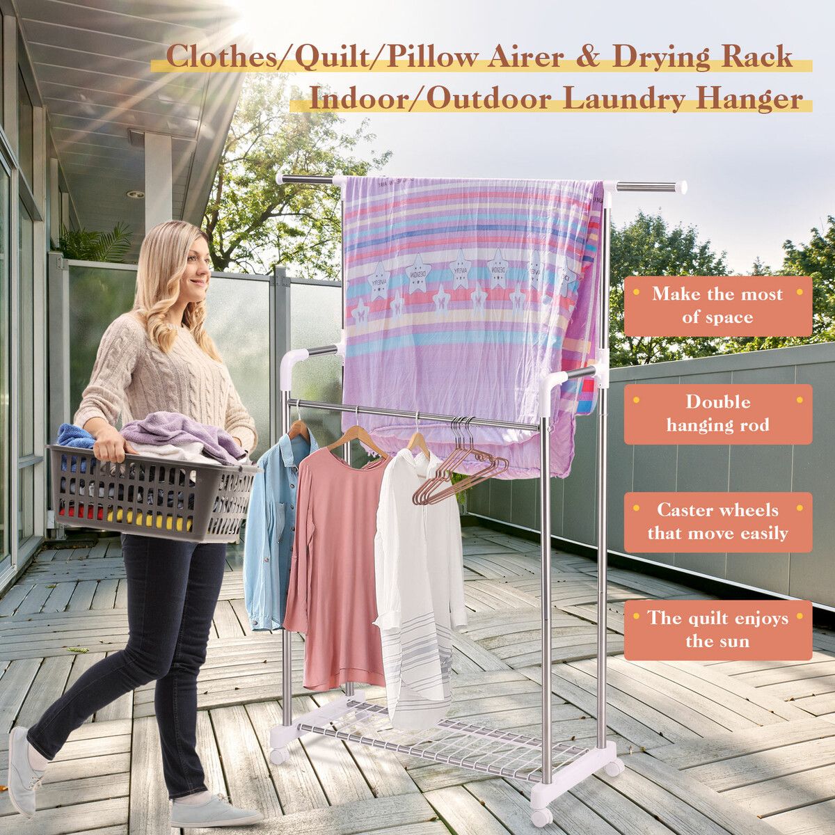 Clothes Airer Rail Drying Rack Width Adjustable Laundry Stand Dryer ...