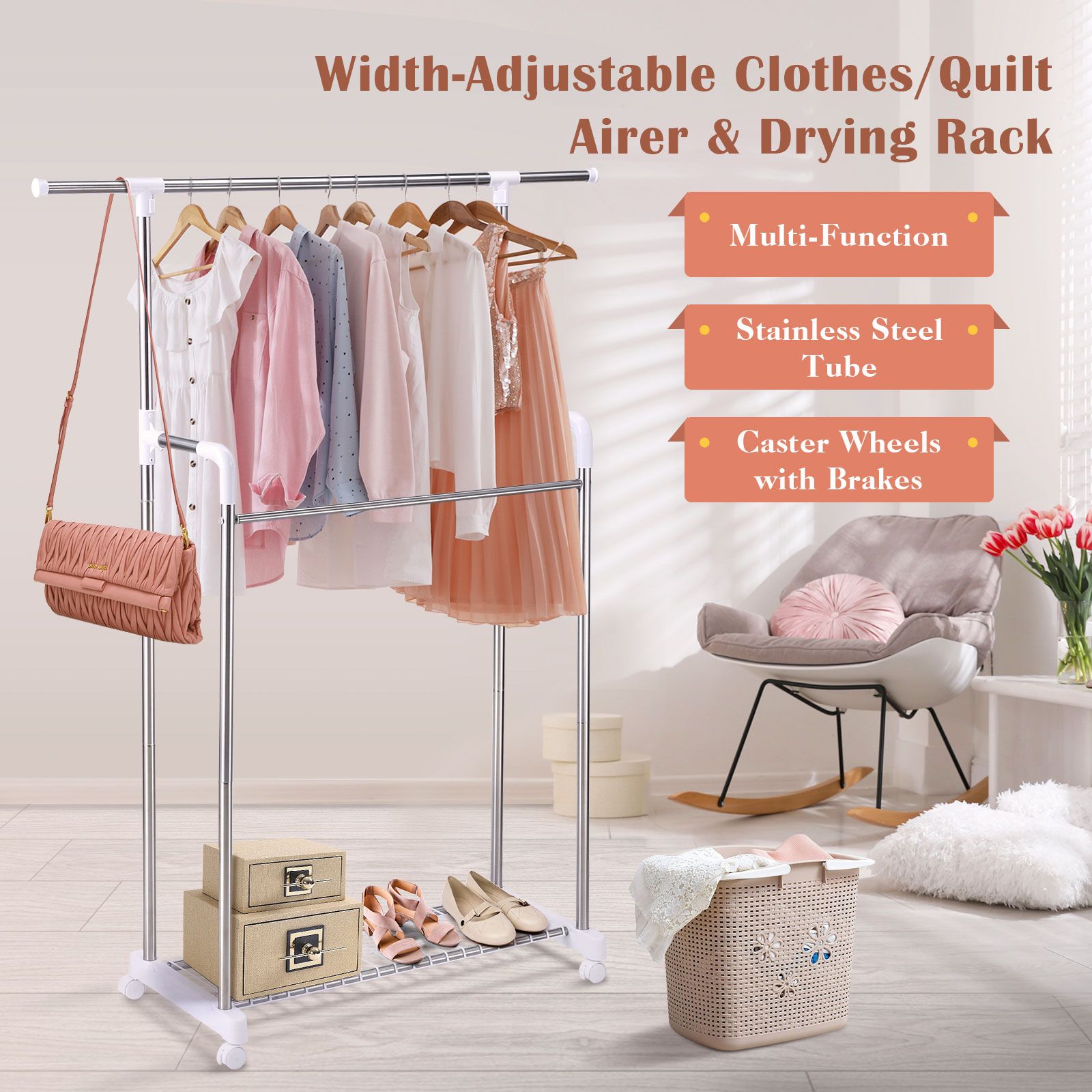 Clothes Airer Rail Drying Rack Width Adjustable Laundry Stand Dryer ...
