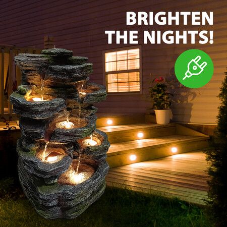 Garden Water Feature Fountain Rocky Waterfall LED Lights Submersible ...