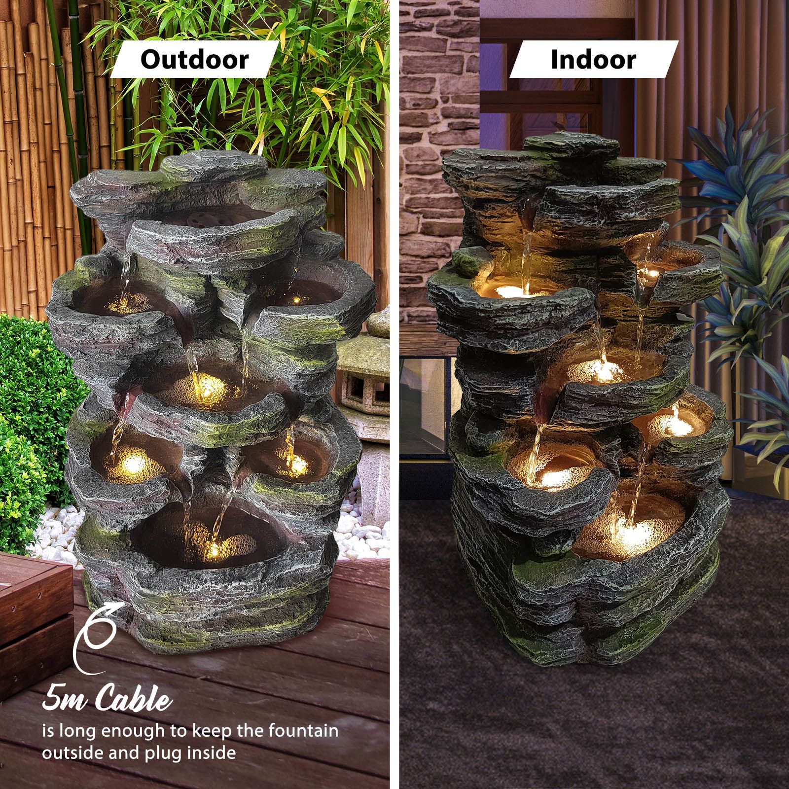 Garden Water Feature Fountain Rocky Waterfall LED Lights Submersible ...