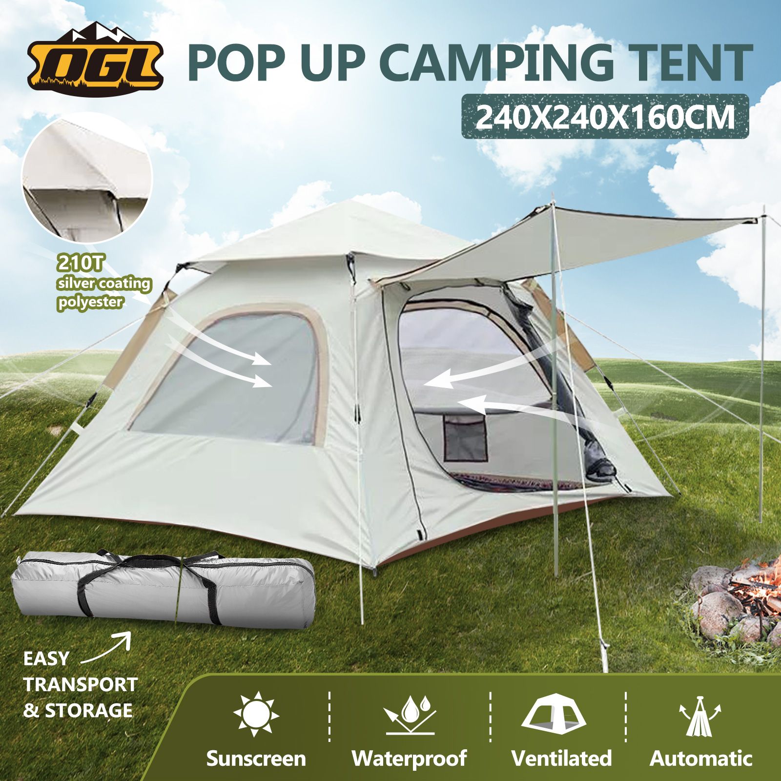 OGL 4 Person Camping Tent Pop Up Instant Family Beach Shelter Sun Shade ...