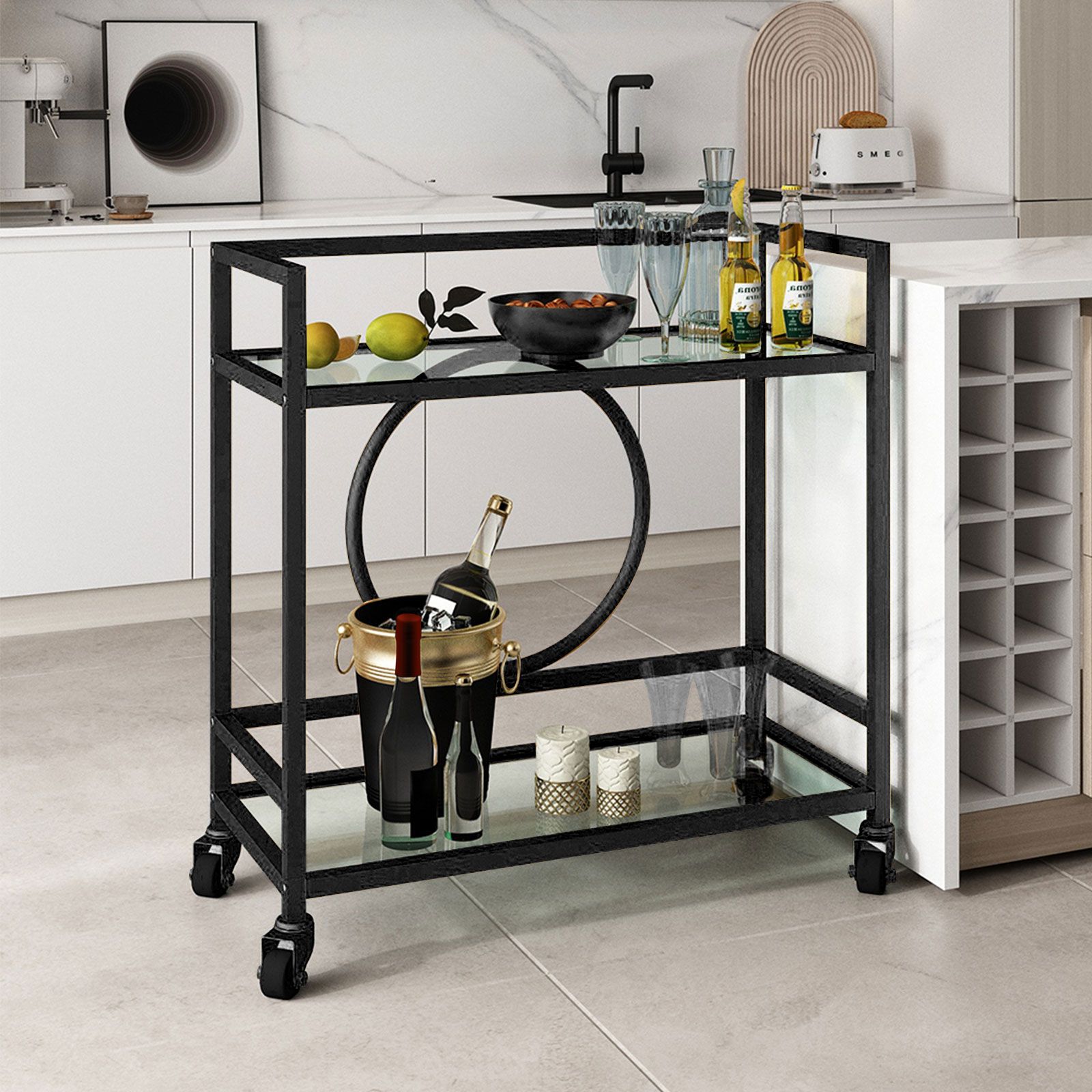Black Bar Cart Trolley Drink Coffee Serving Liquor Tea Wine Cocktail ...