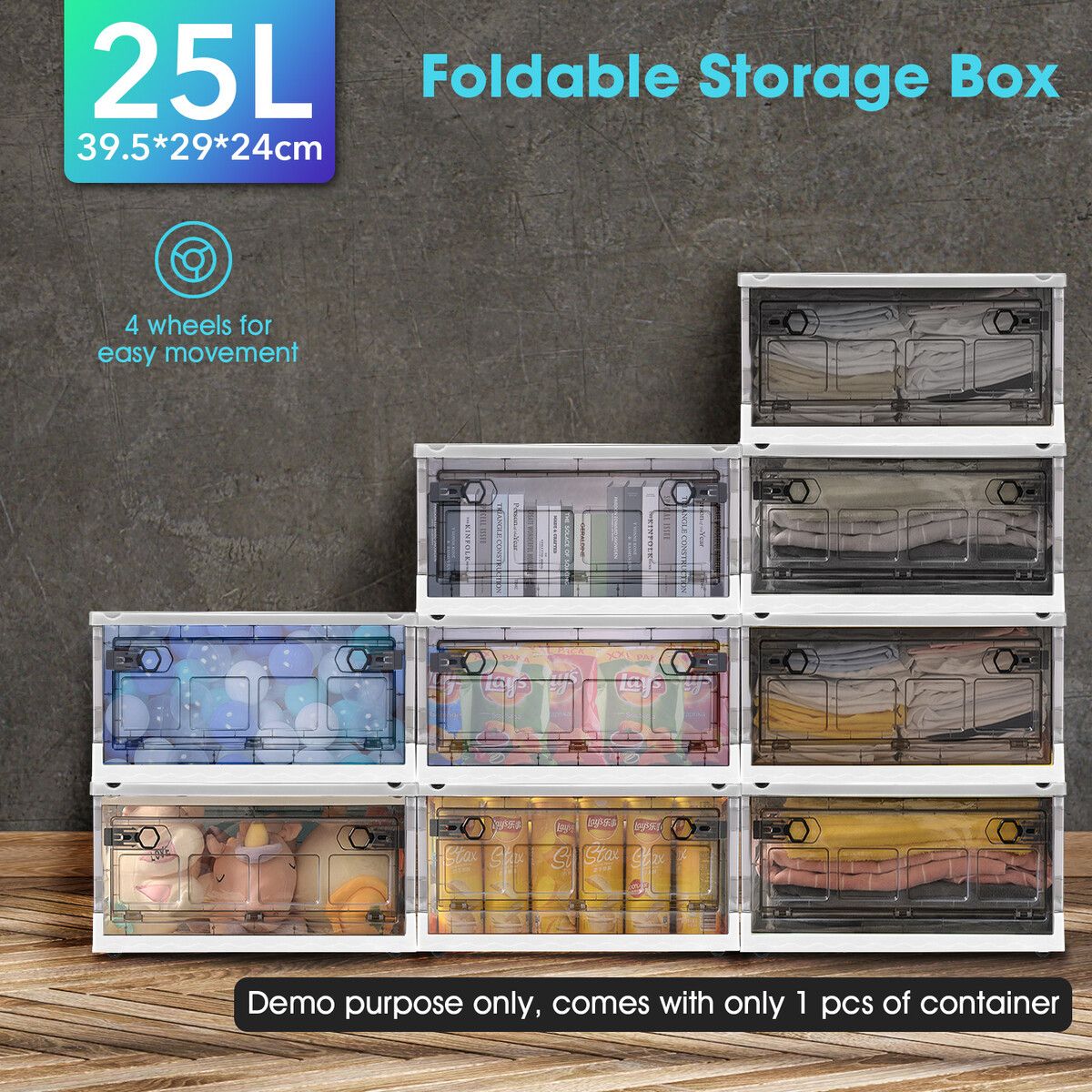 25L Storage Box Container Plastic Large Organiser Stackable Collapsible ...