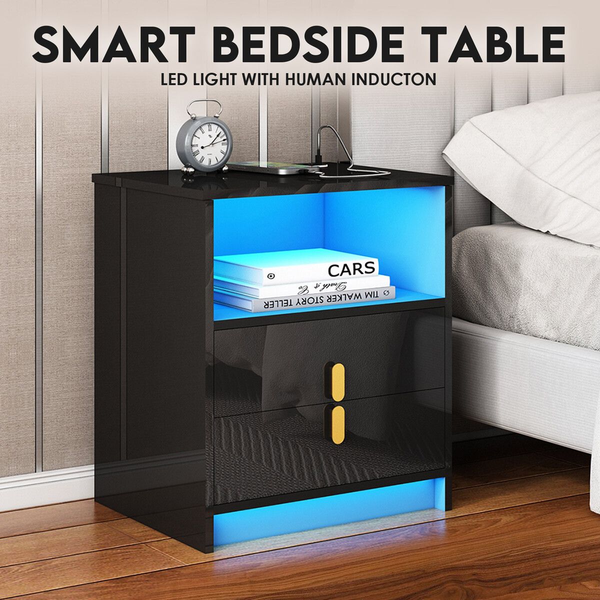 Smart Bedside Table LED Night Stand Shelving Desk Modern Room Organiser ...