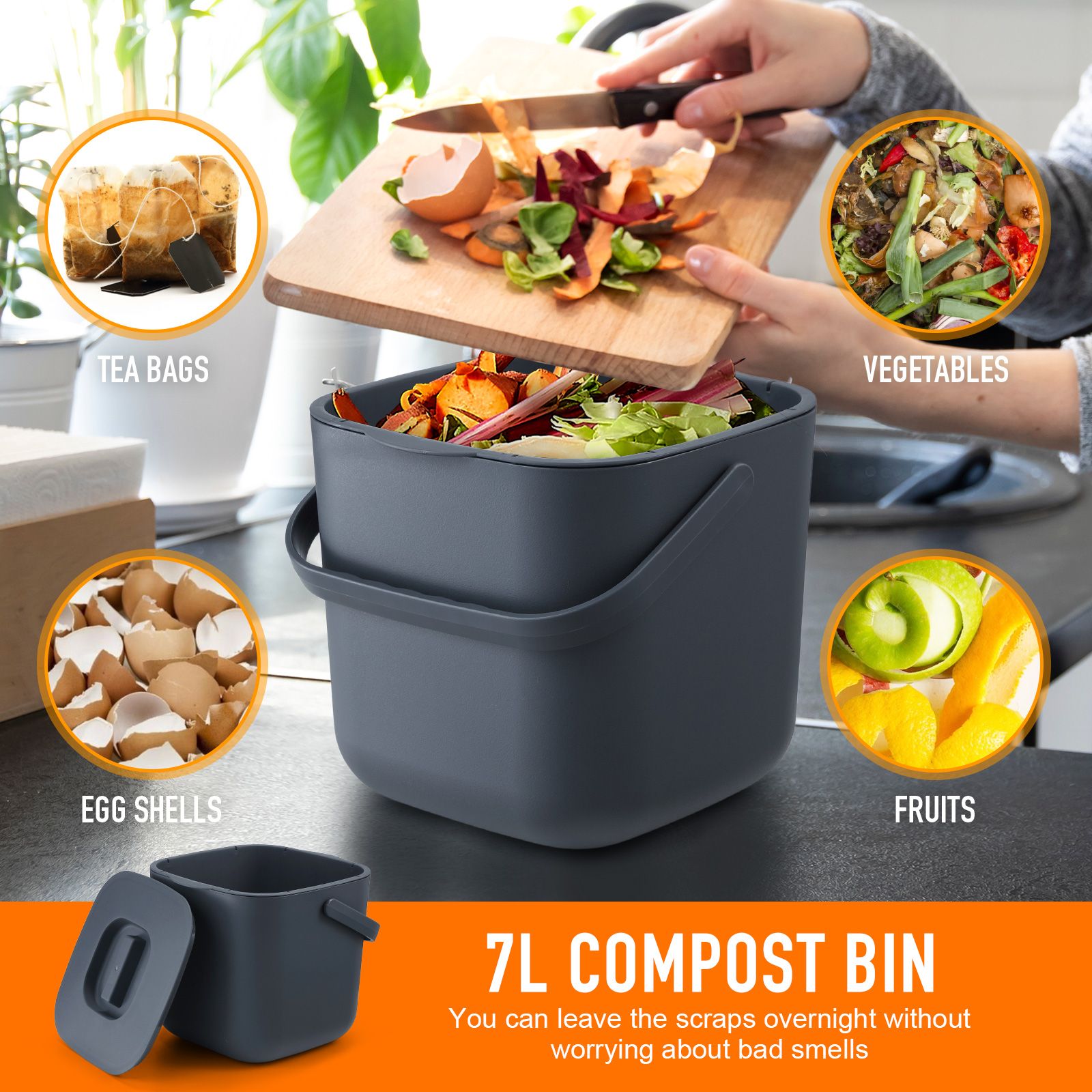 7L Rubbish Waste Bin Kitchen Trash Compost Dustbin Garbage Can Food ...