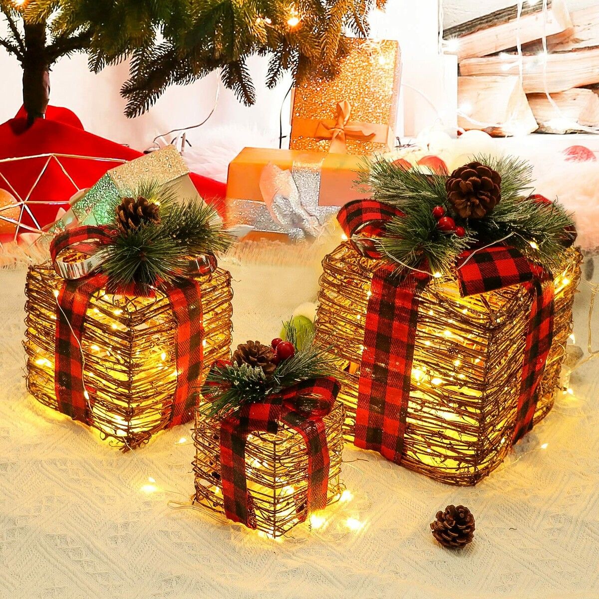 Set of 3 Christmas Rattan Lighted Gift Boxes,60 LED Christmas Box ...