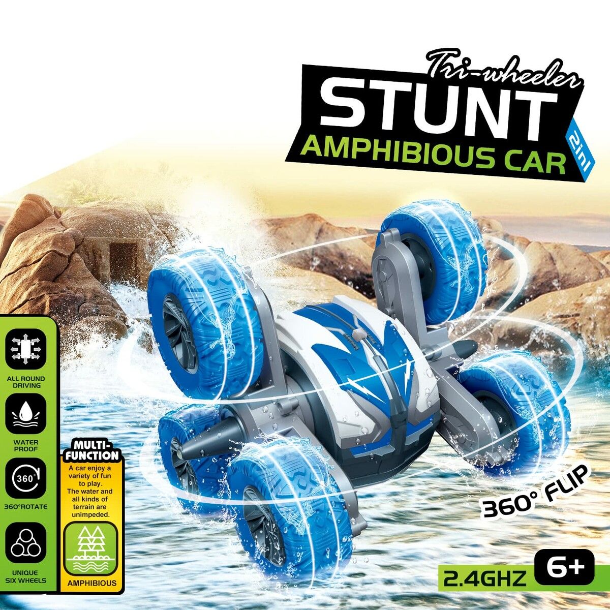 Amphibious 6WD RC Stunt Car with 2.4GHz Double Sided 360° Rotating Off ...