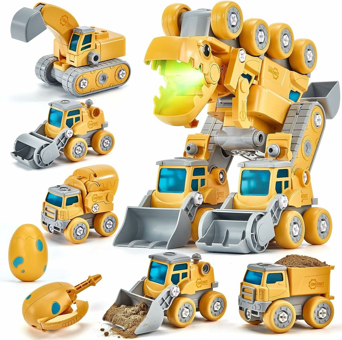 Take Apart Dinosaur Kids Toys, Construction Vehicles 5 in 1 Transform into Dinosaur Robot STEM ...