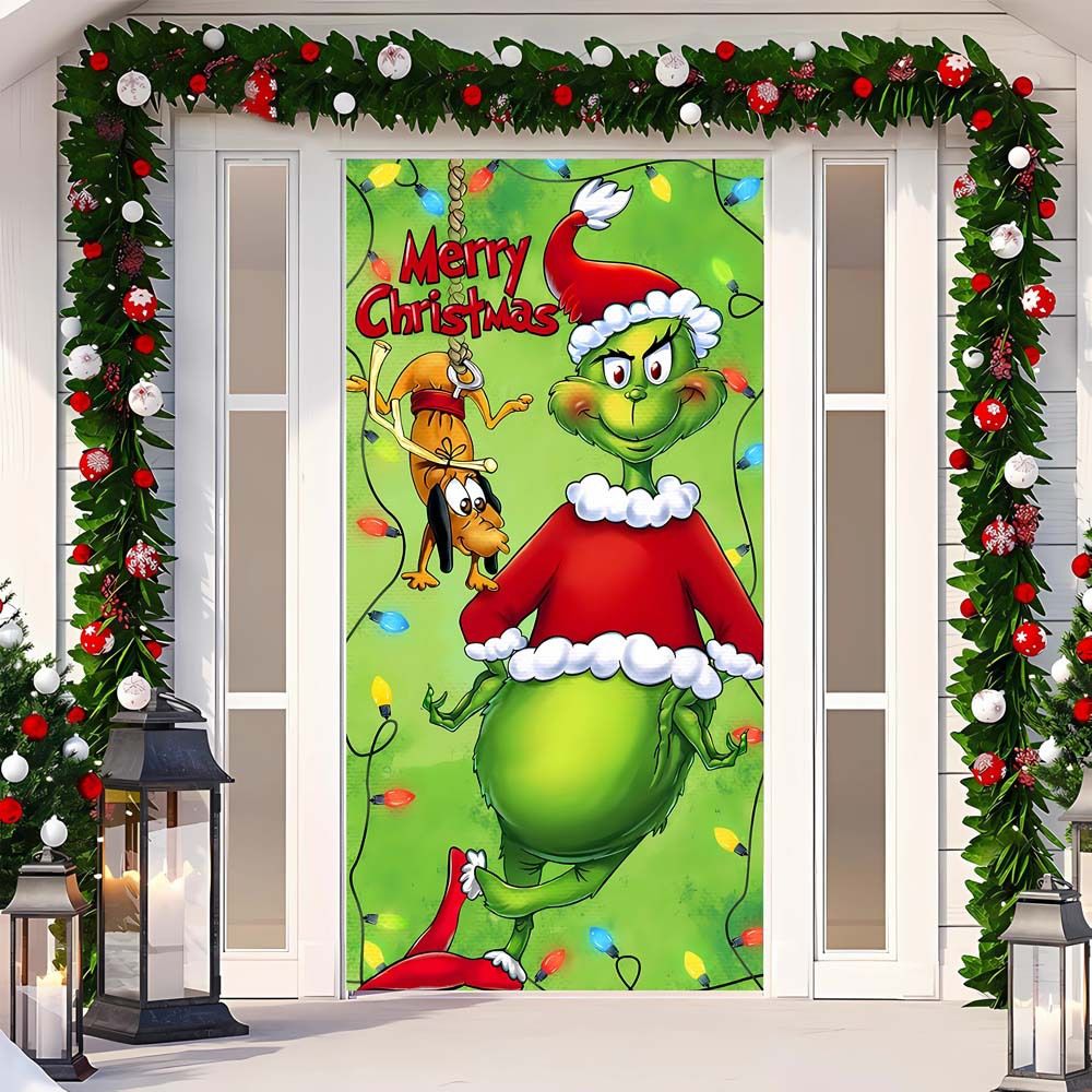 Grinch Christmas Door Cover Decorations Grinch Green Backdrop Merry ...