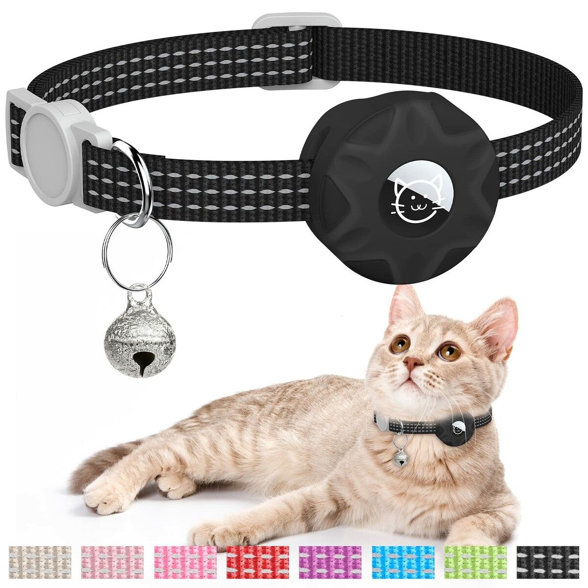 Black-AirTag Cat Collar,Reflective GPS Cat Collar with AirTag Holder and Bell,Lightweight ...